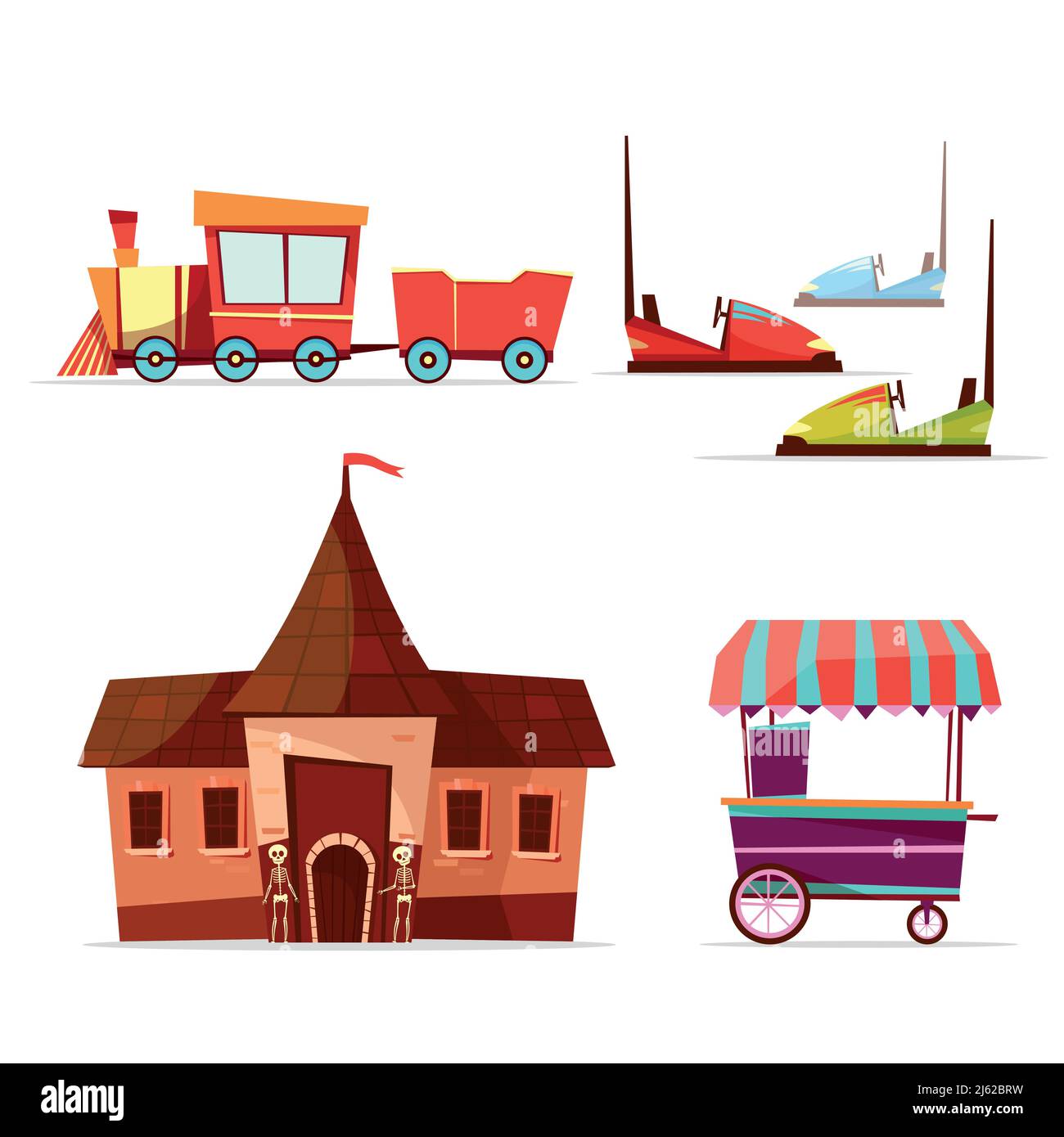 Vector cartoon amusement theme park attractions set. Steam train horror ...