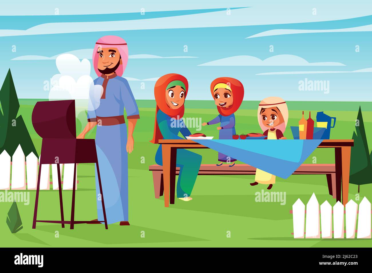 Arabian family at barbecue picnic vector illustration. Cartoon design ...