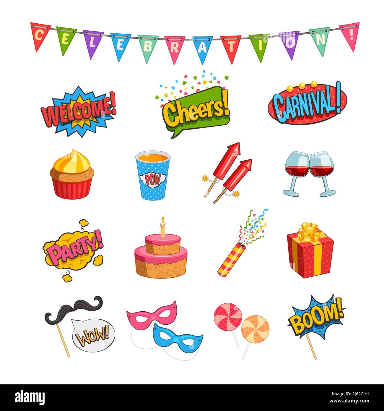Party comic elements set with fireworks and cake flat isolated vector ...