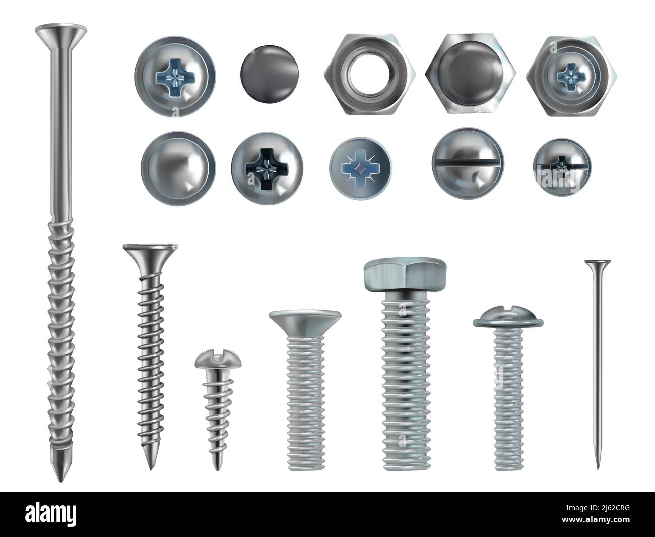 Vector 3d realistic illustration of stainless steel bolts, nails and ...