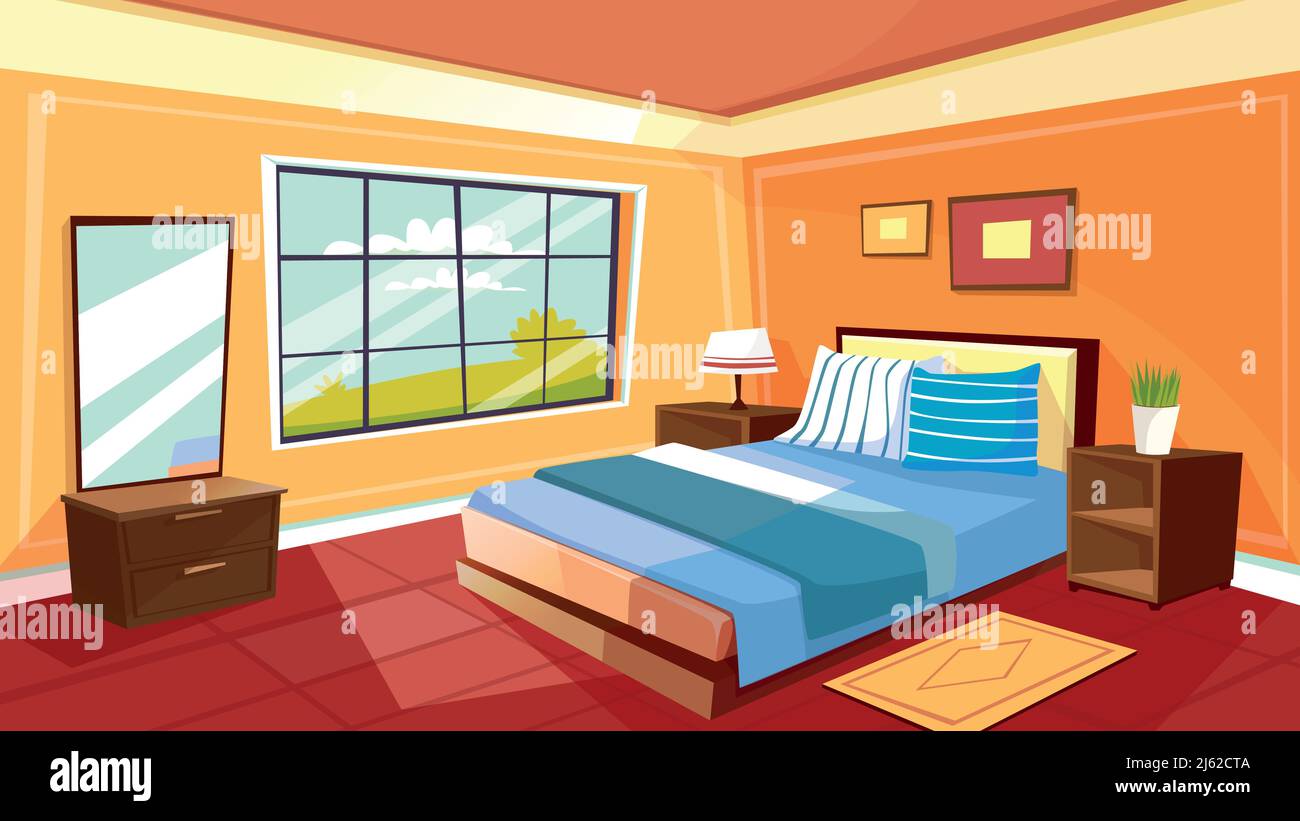 Vector cartoon bedroom interior background template. Cozy modern house ...