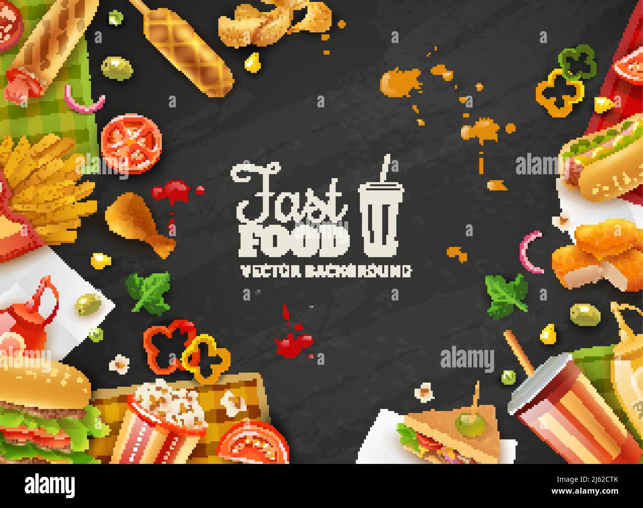 Fastfood restaurant colorful frame black background poster with popcorn ...