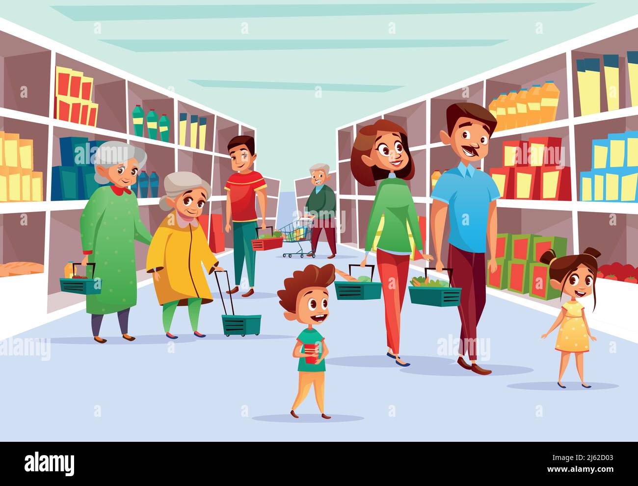 People in supermarket vector illustration. Flat cartoon design of ...