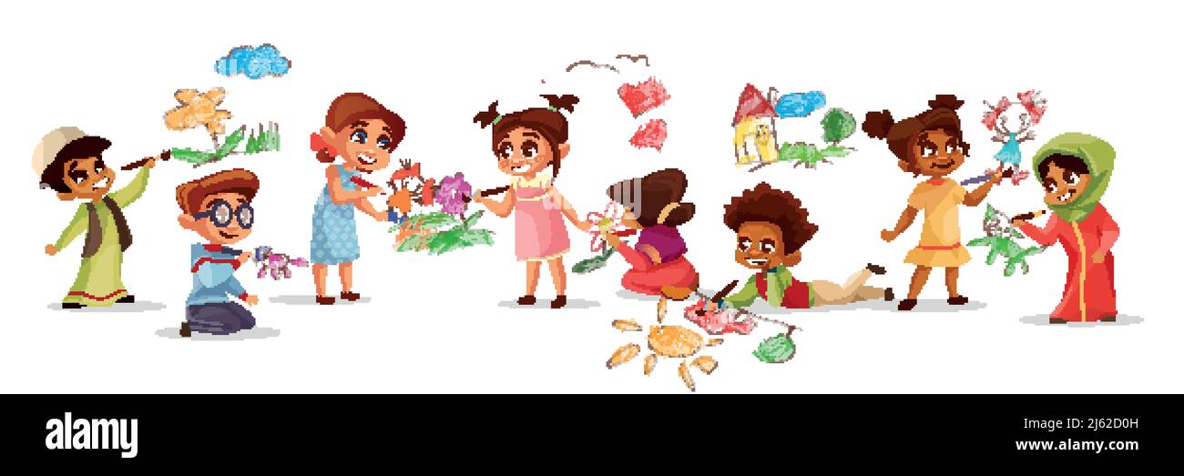 Children of different nationality drawing pictures with chalk pencils ...