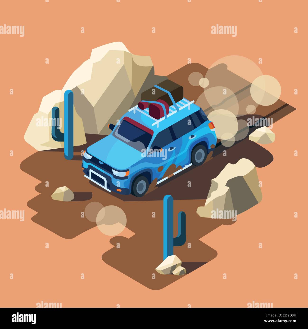 Vector isometric safari car riding through dusty desert cactus ...