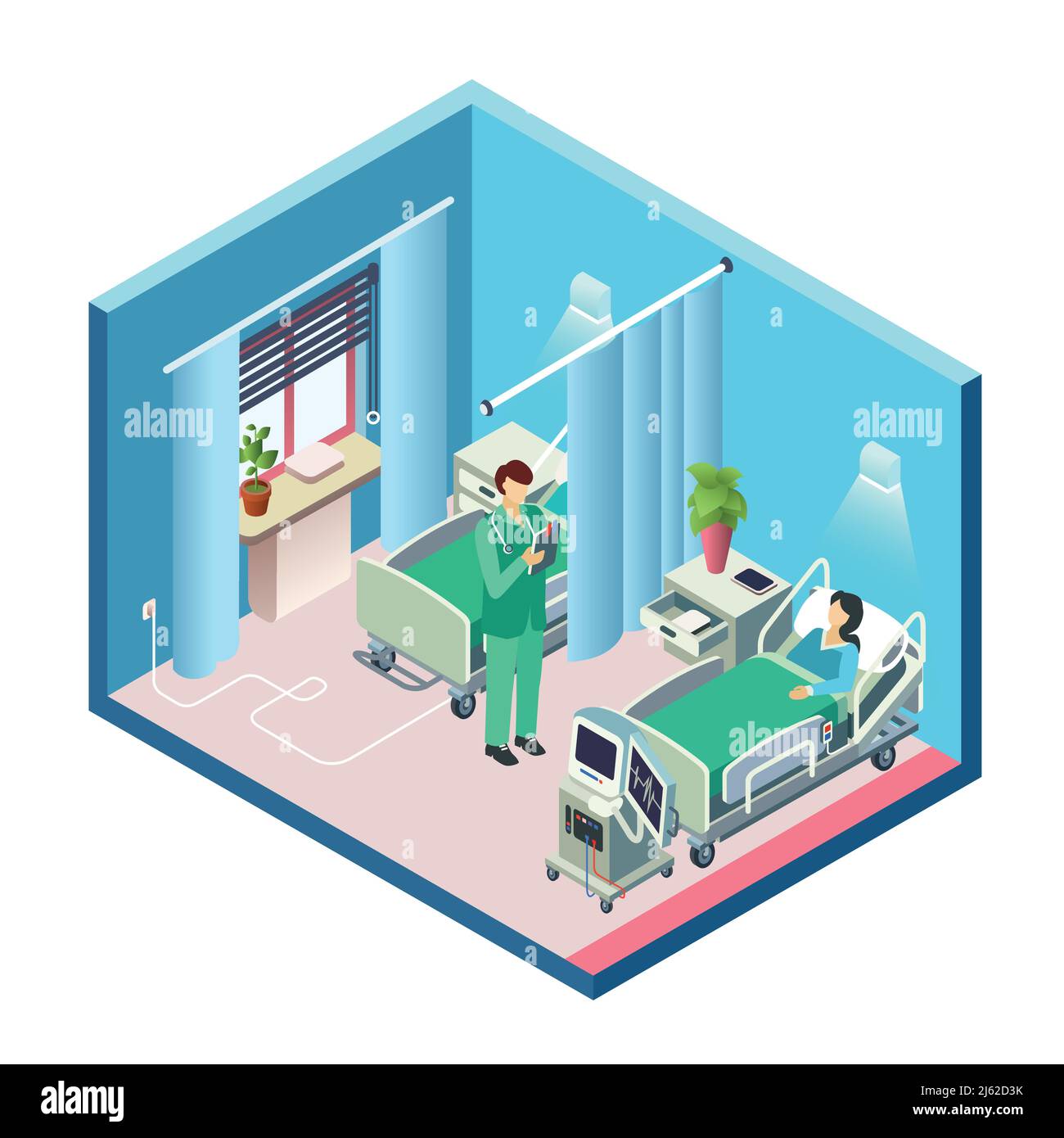 Vector isometric modern hospital room, ward section with female patient ...