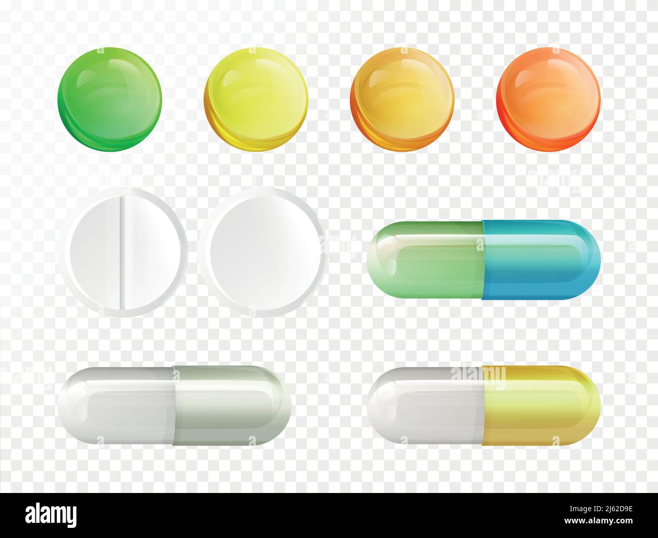 Vector realistic medical drugs - colored and white circle pills and ...