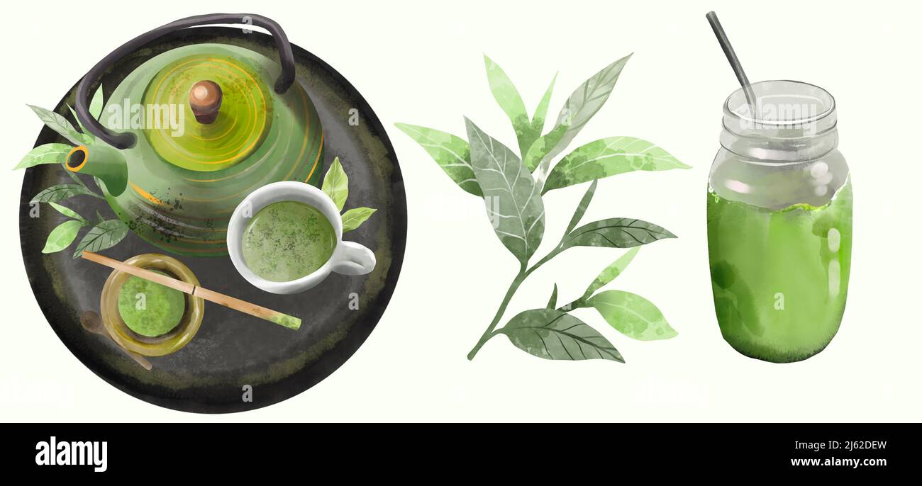 Collection of matcha green tea : matcha, bamboo matcha whisk, a cup of ...