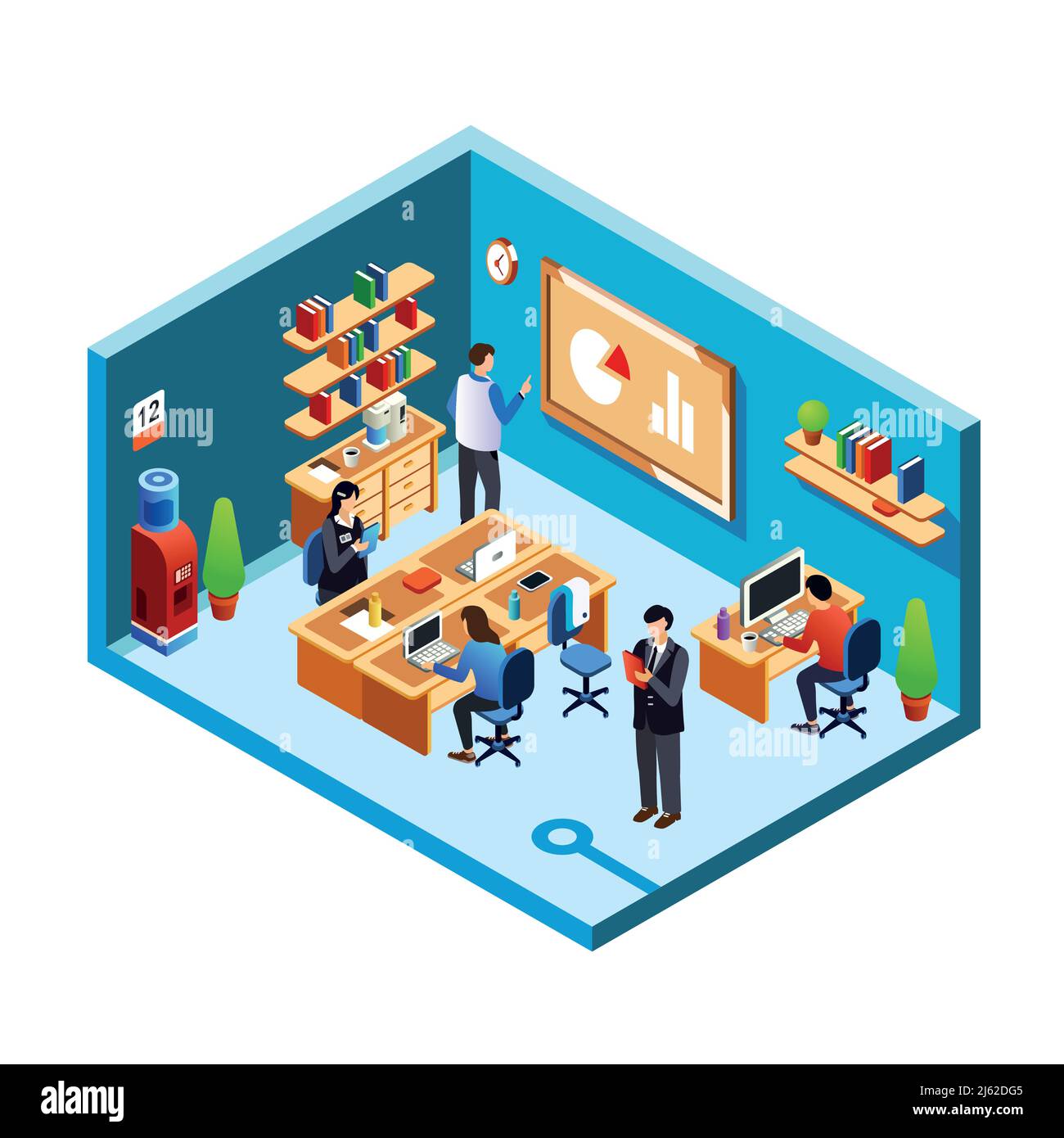 Vector isometric office room cross section, coworking with working ...
