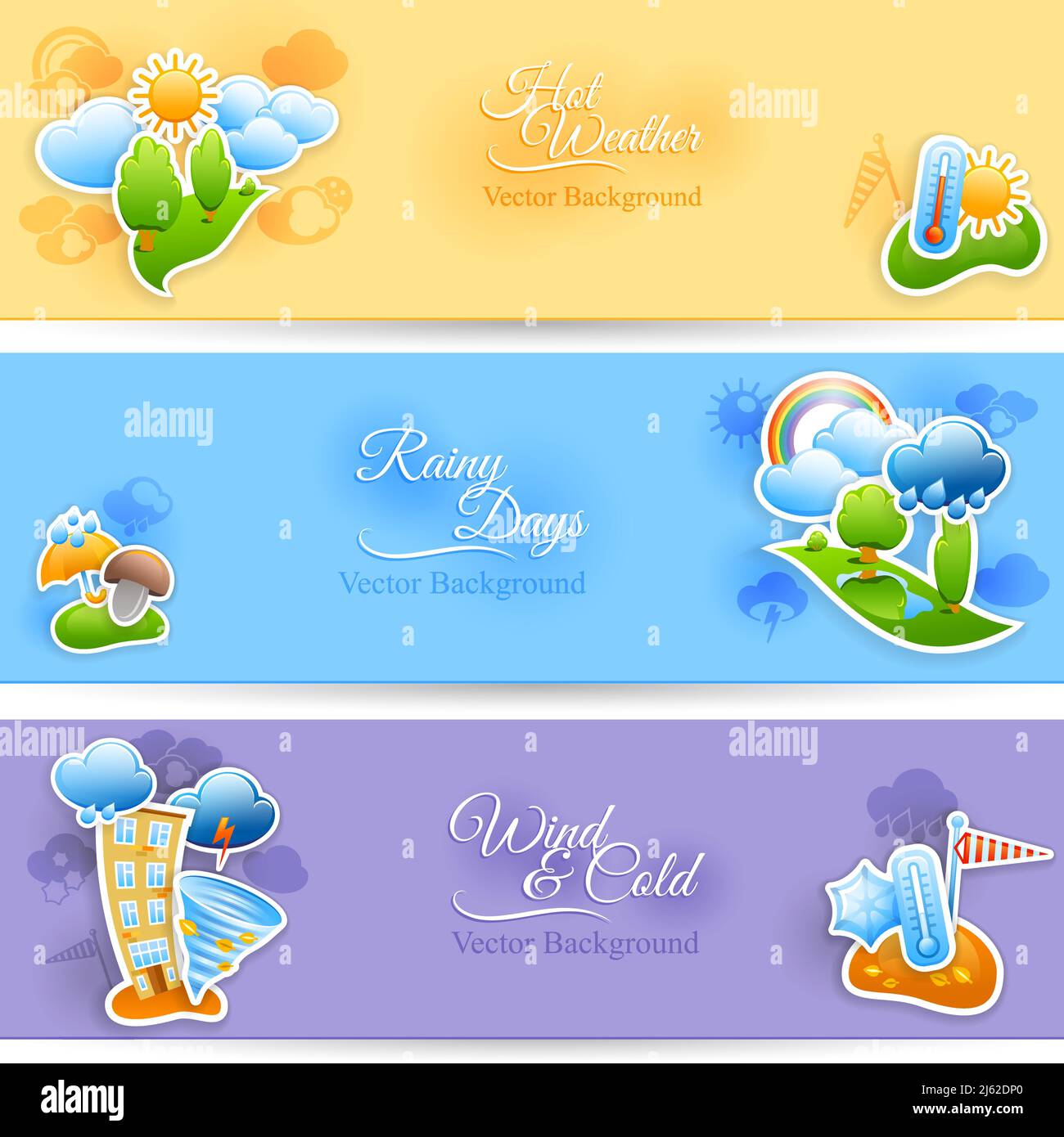 Hot rainy and cold windy days seasonal weather background flat ...