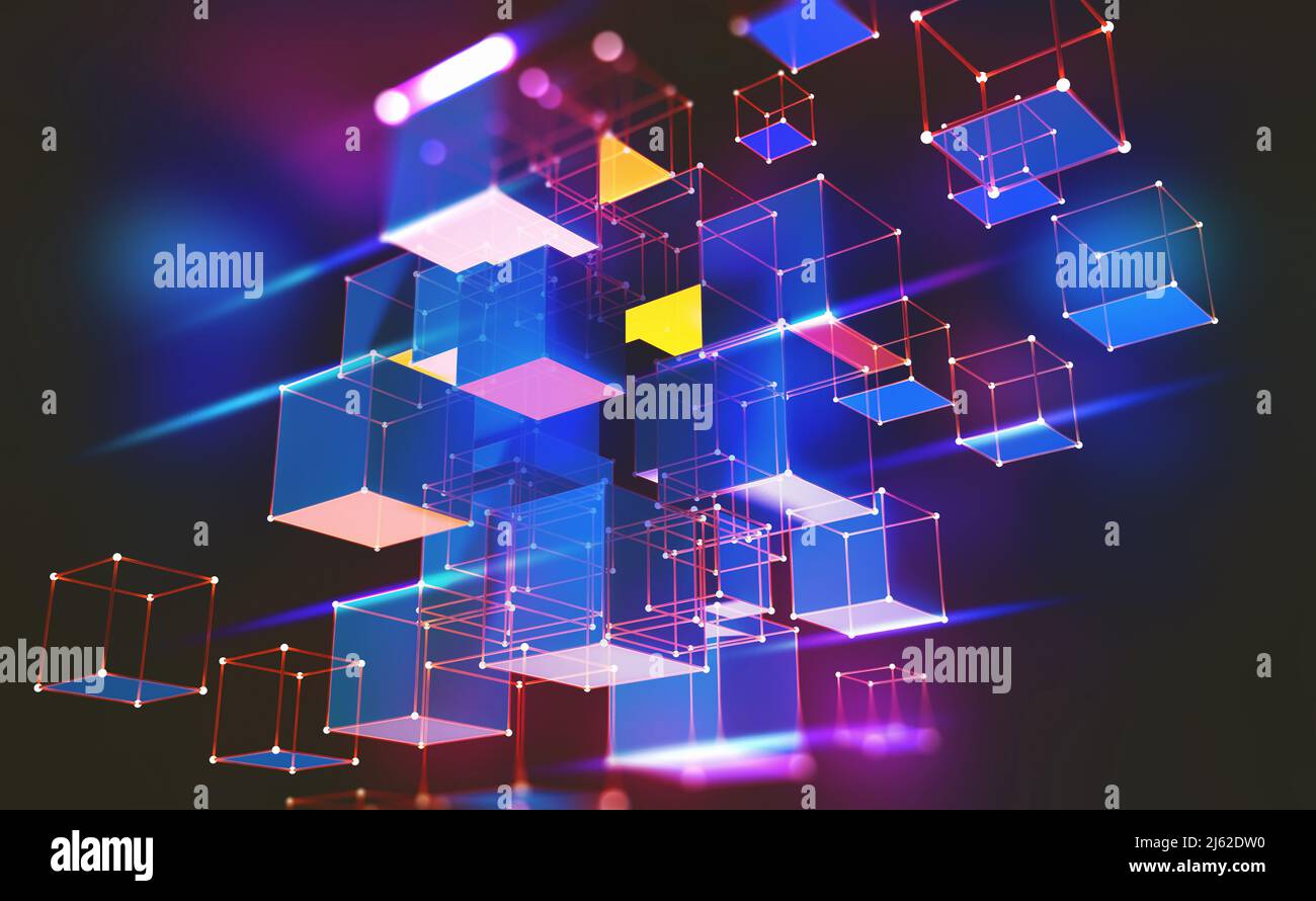 Neon light. Blockchain technology. Information block in the volumetric ...