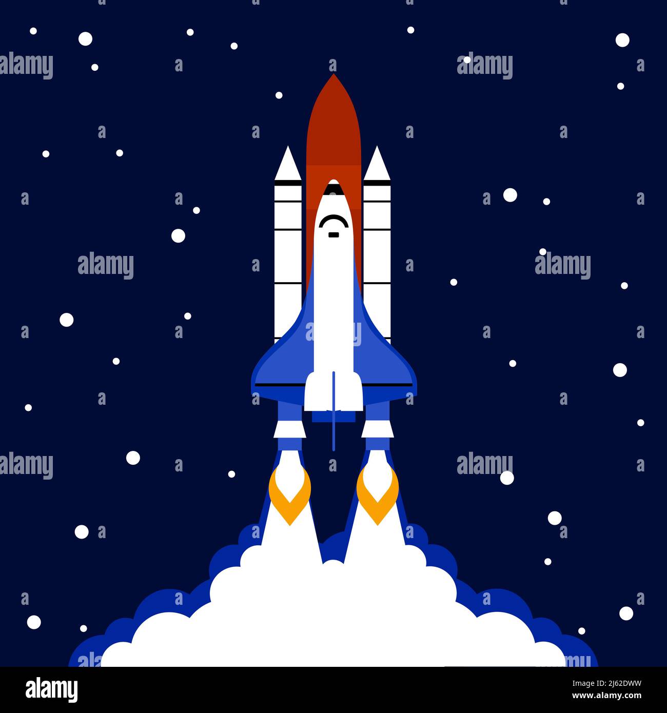 Launch concept with space rocket and stars on dark background flat ...