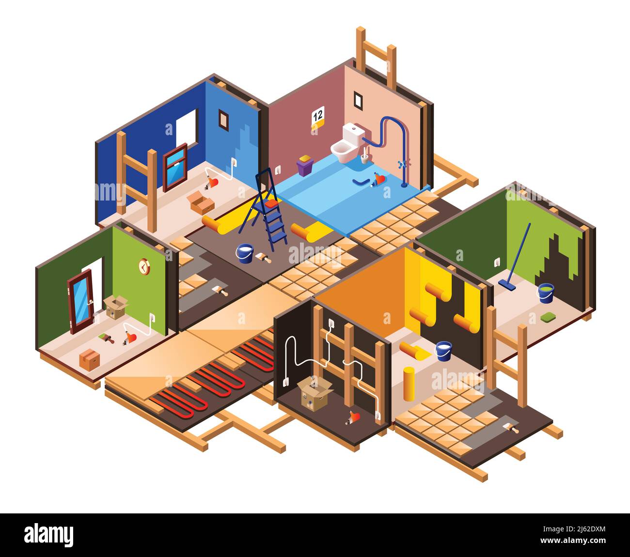 Vector isometric home interior renovation and repair work process ...