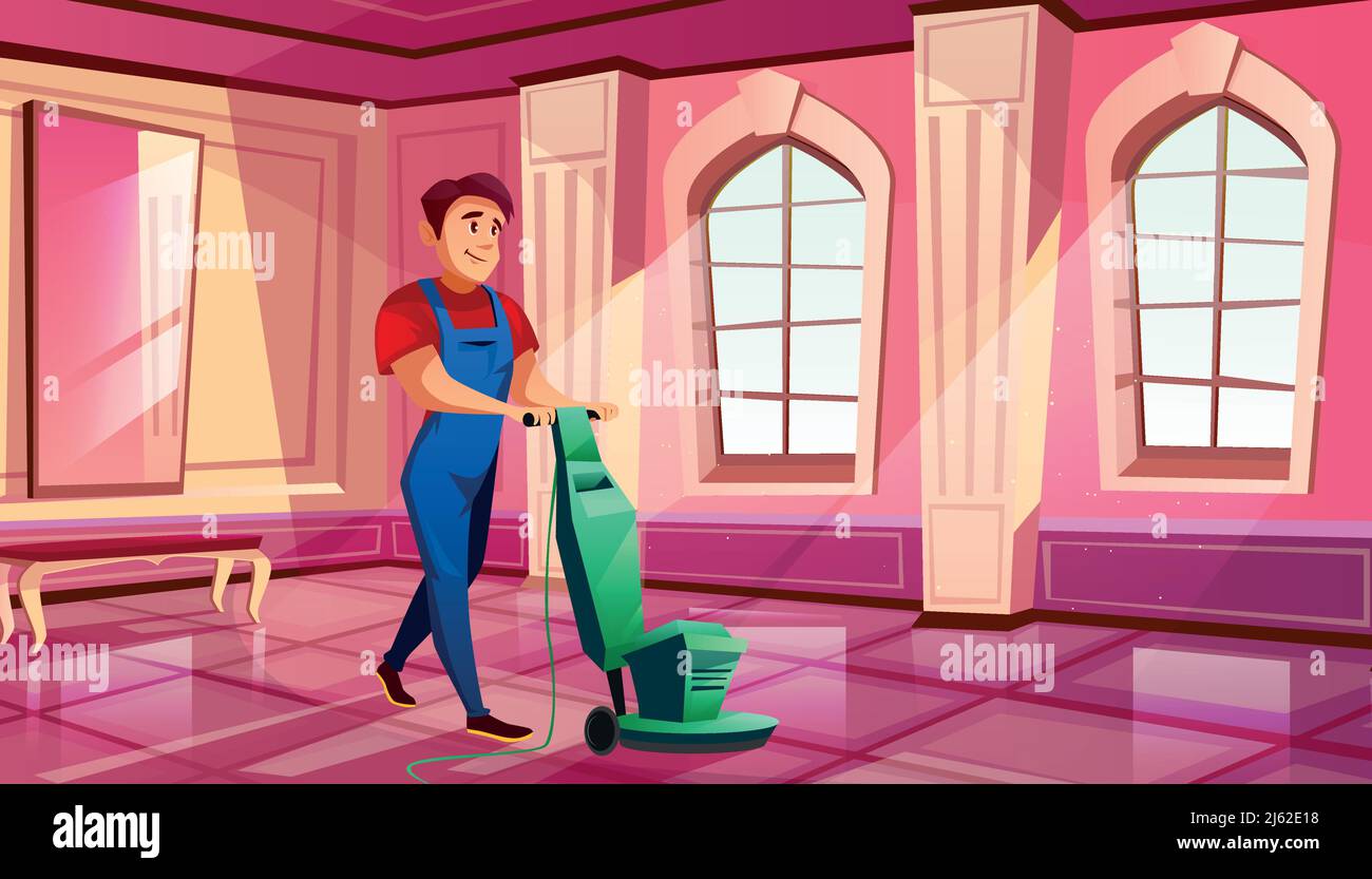 Ballroom cleaning vector illustration of man polishing parquet tile ...