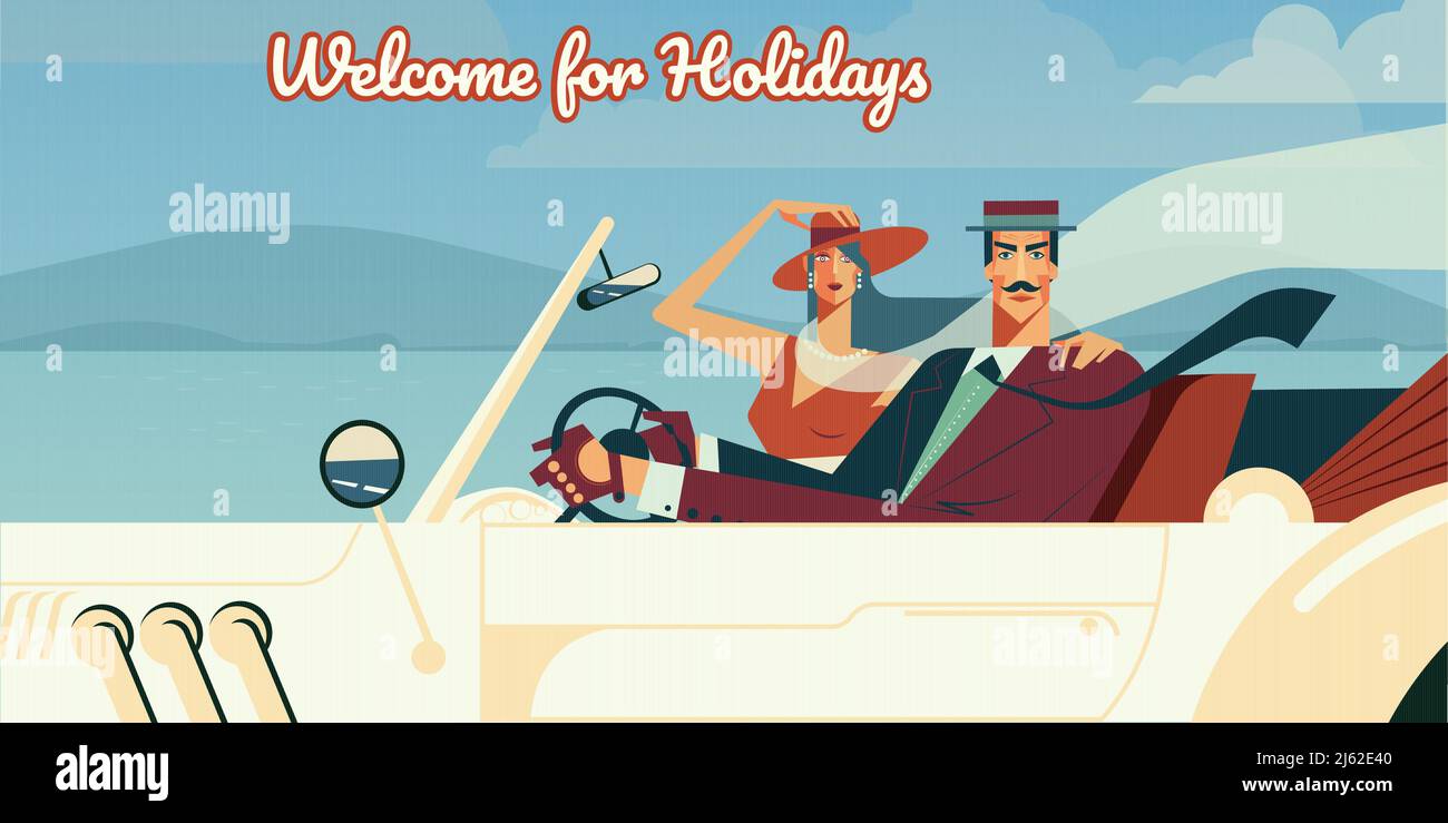 Welcome for holidays retro vector illustration of man and woman driving ...
