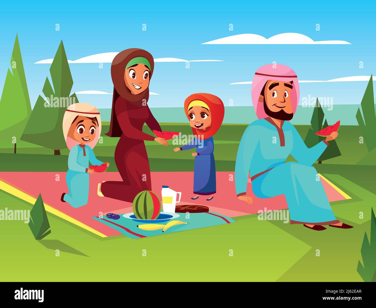 Arabian family at picnic vector cartoon illustration. Saudi Muslim ...
