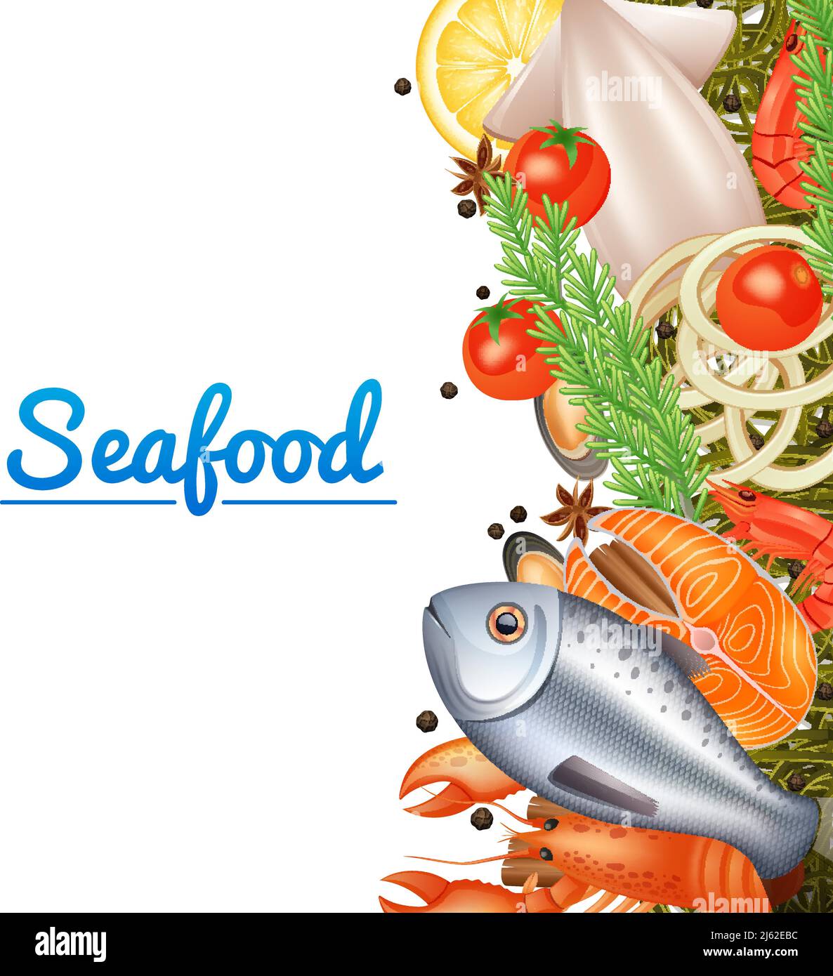 Seafood menu background with fish steak lobster and spices vector ...