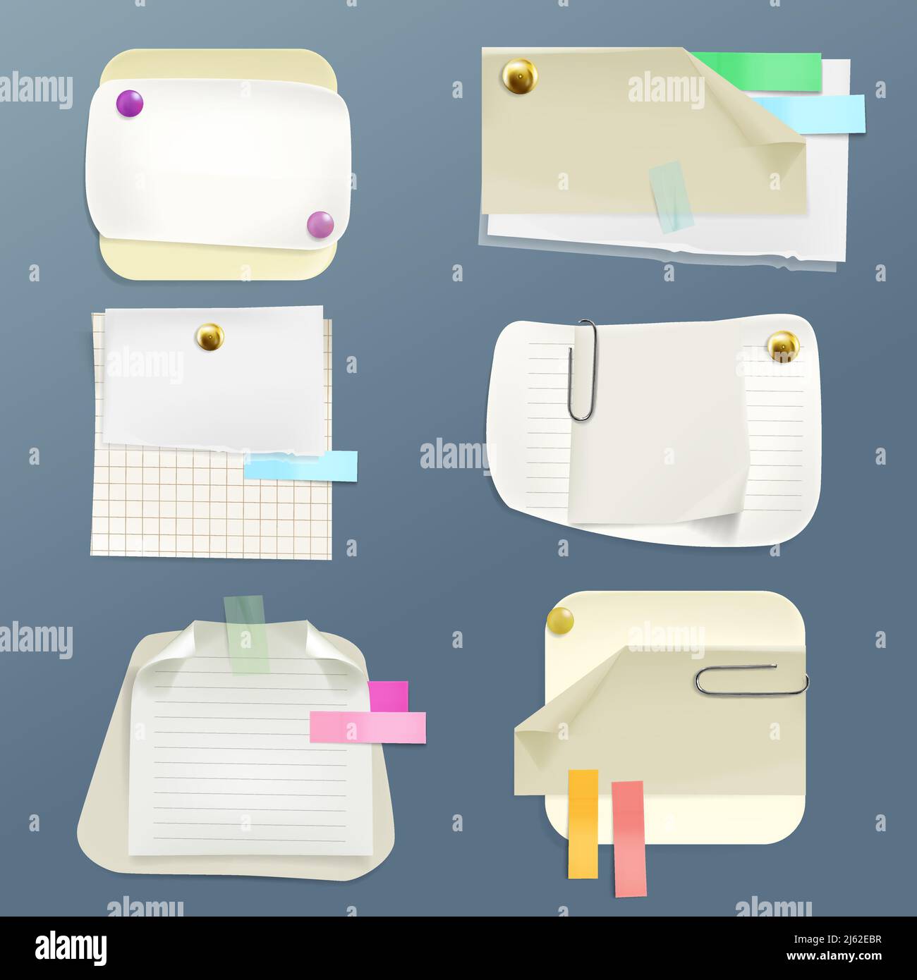 Vector collection of various note papers with pins and clips. Adhesive ...
