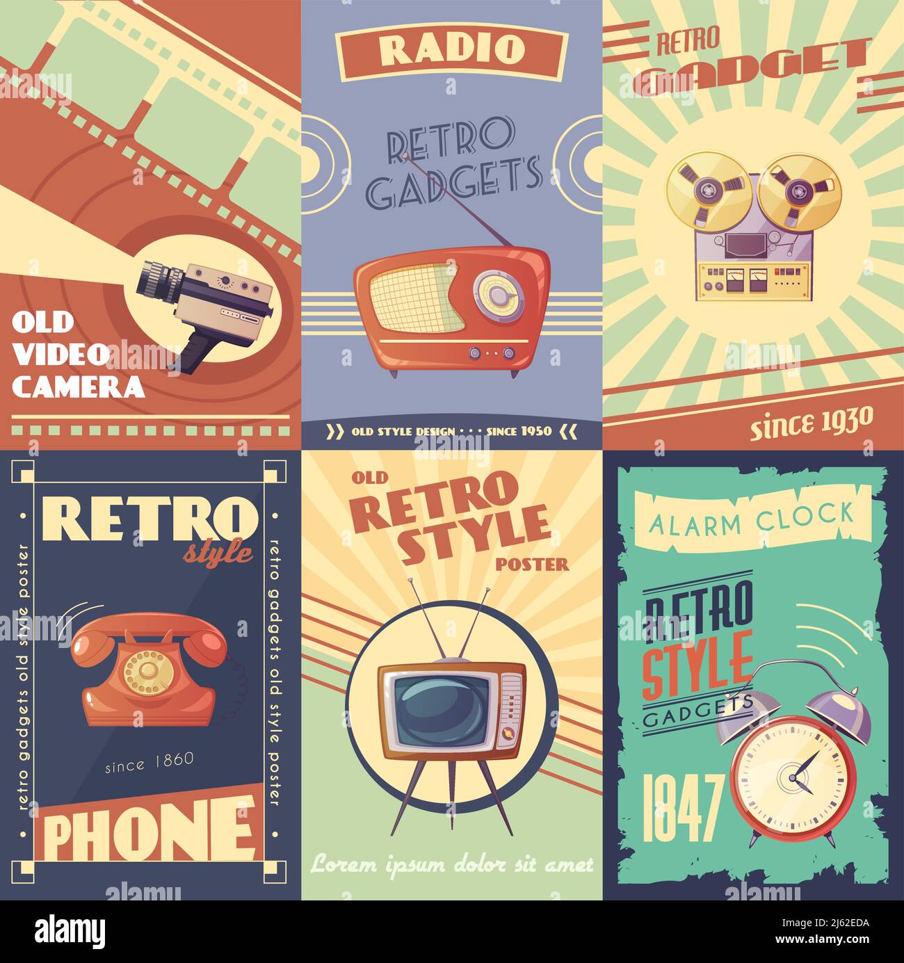 Retro gadgets cartoon posters with camera radio musical player phone tv ...