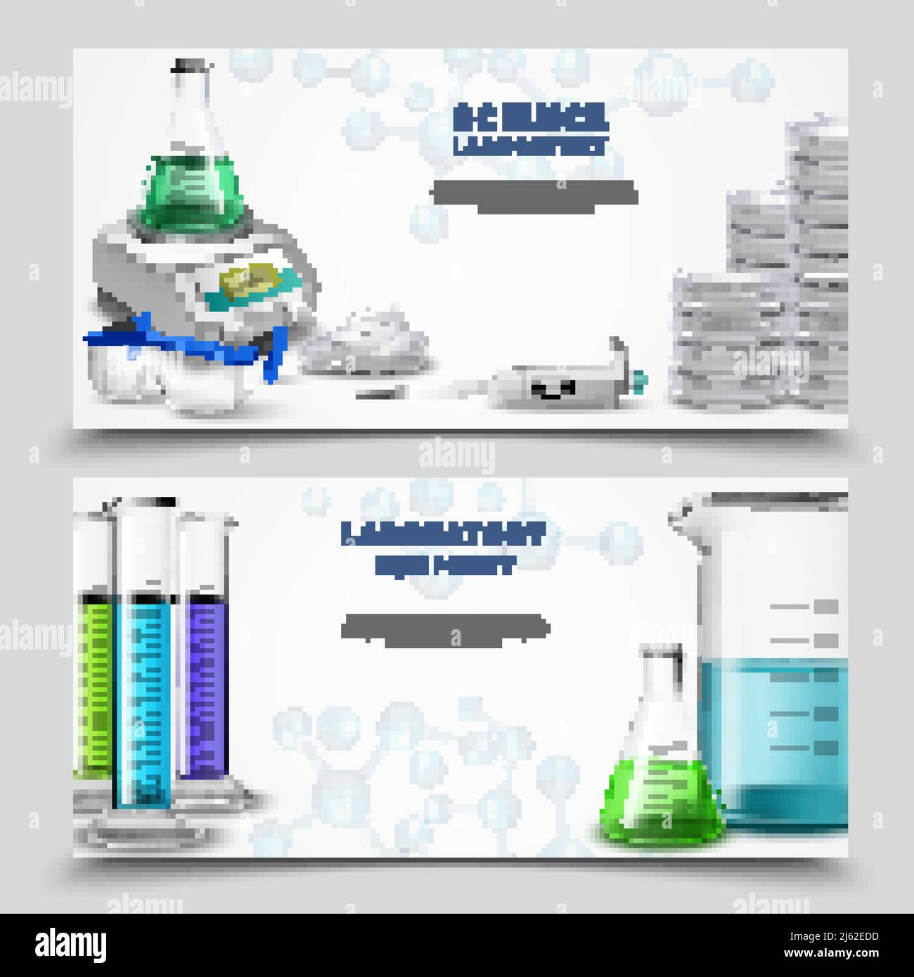 Two horizontal banners set with science laboratory equipment symbols ...