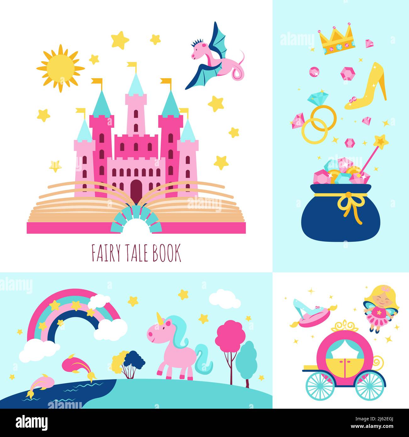 Fairy tale book concept with magic fantasy cartoon characters icons set ...