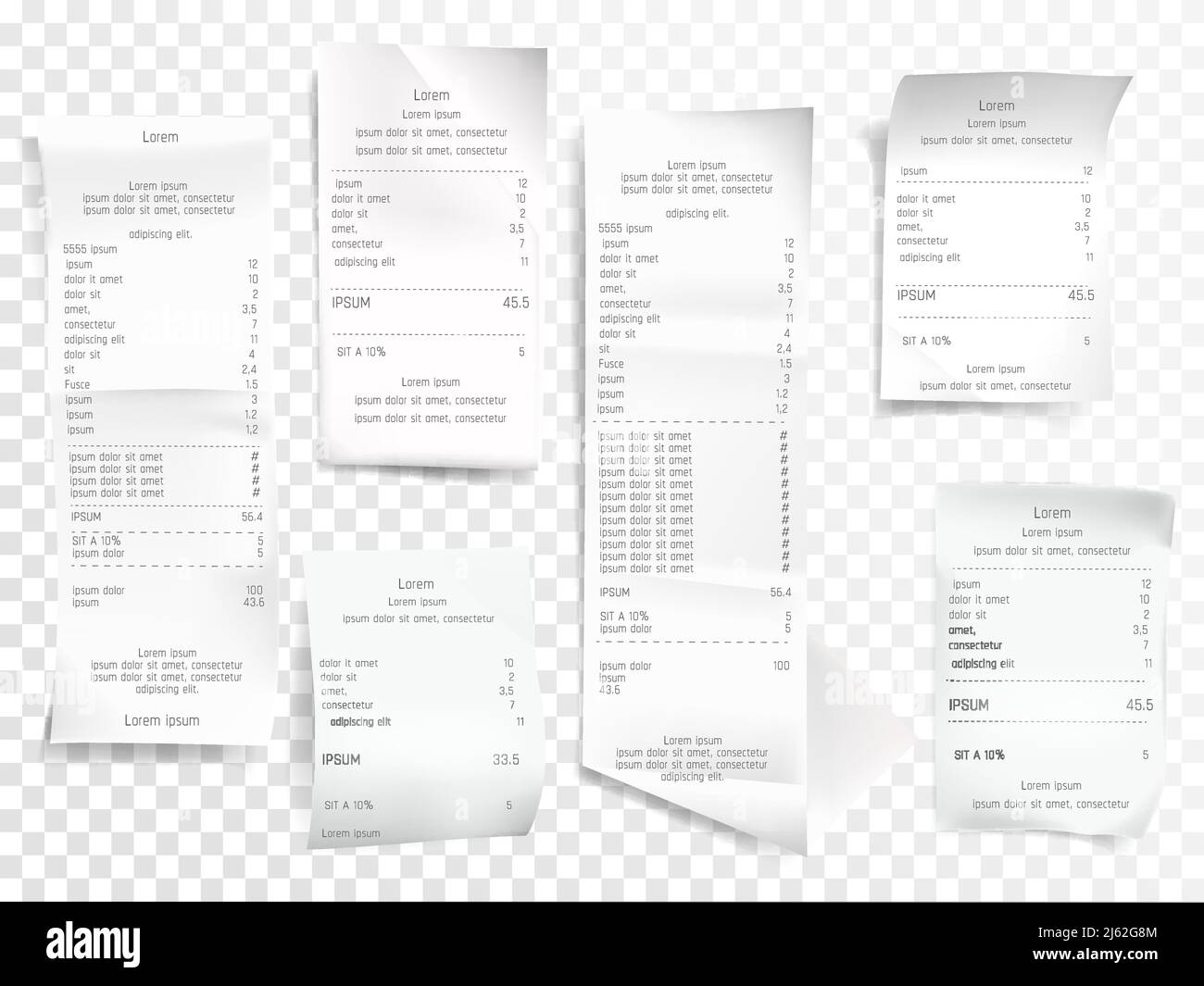 Receipts vector illustration of realistic payment paper bills for cash or credit card ...