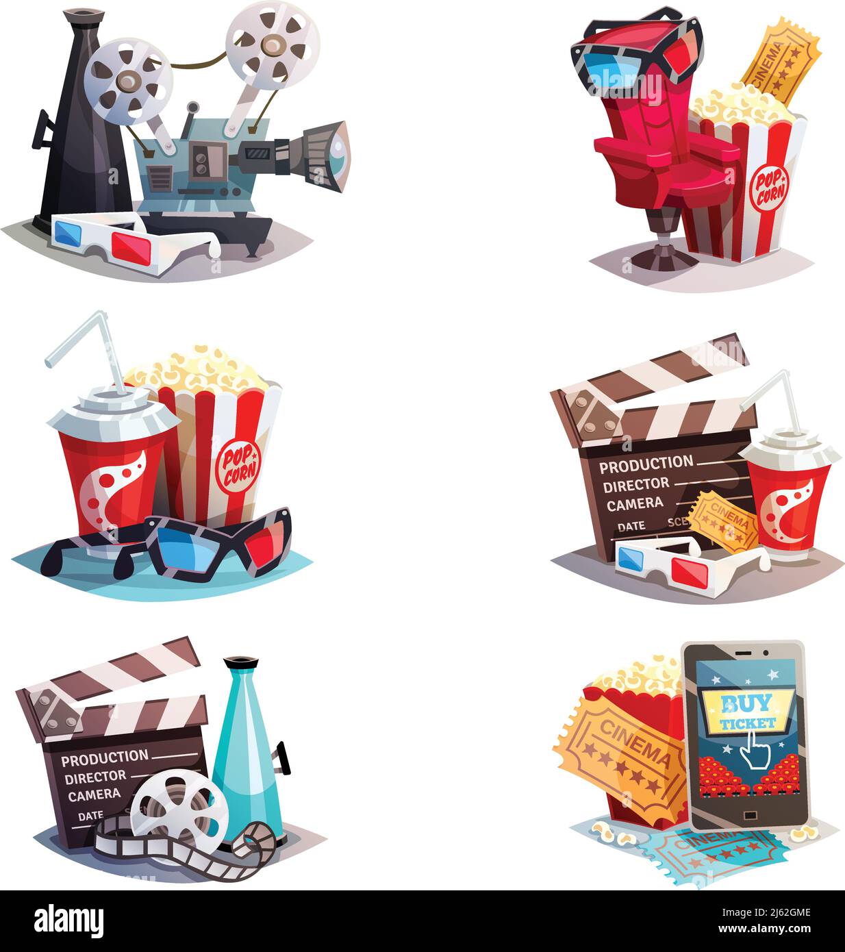 Set of 3d cartoon cinema design concepts with elements of ...