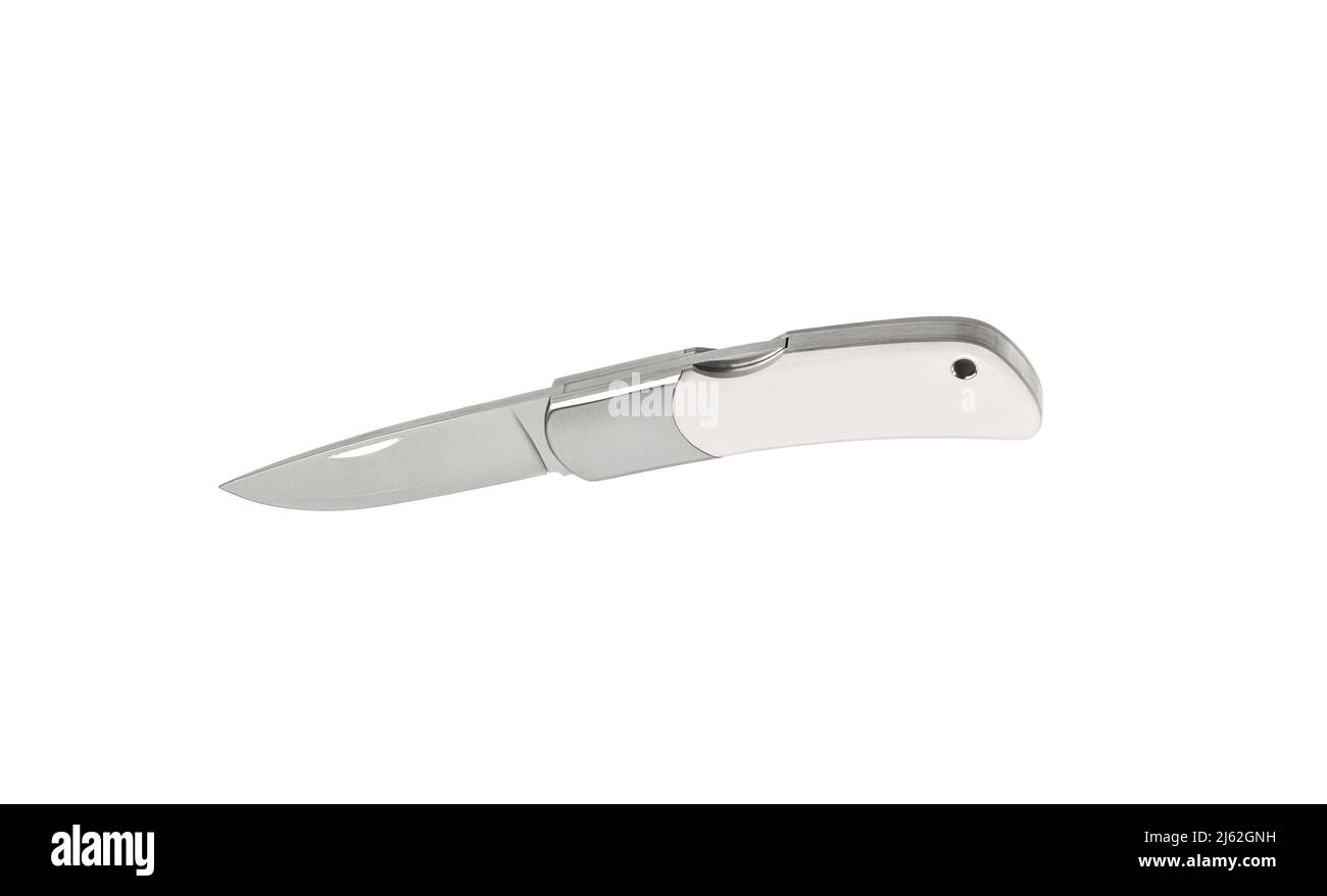 Folding knife with white ivory handle. Luxury pocket knife. Isolate on ...