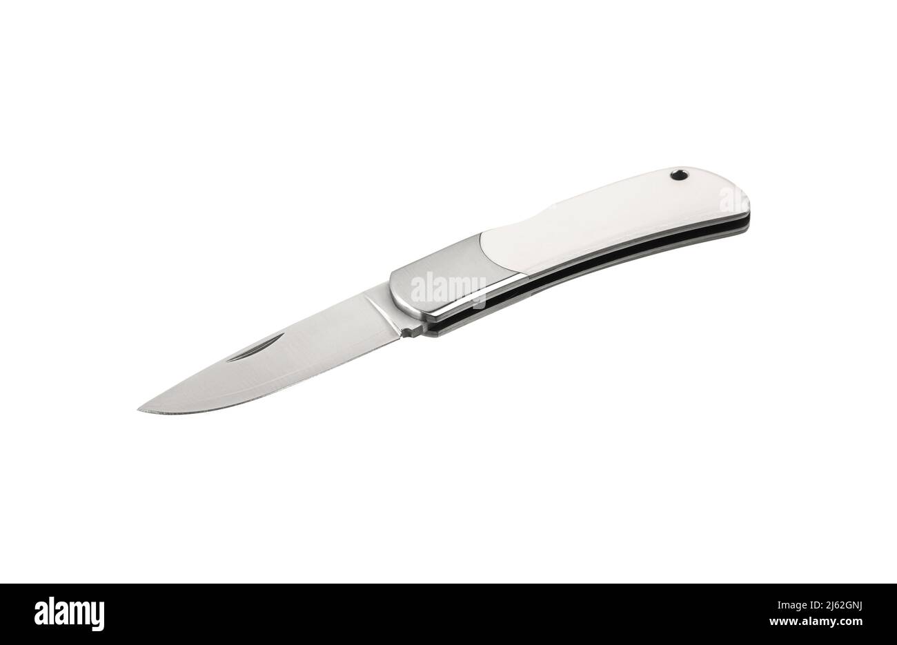 Folding knife with white ivory handle. Luxury pocket knife. Isolate on ...