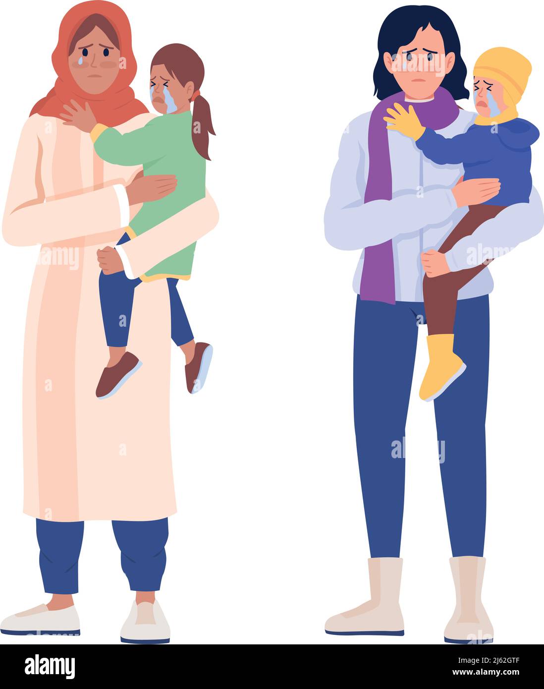 Women and children suffering in war semi flat color vector characters ...
