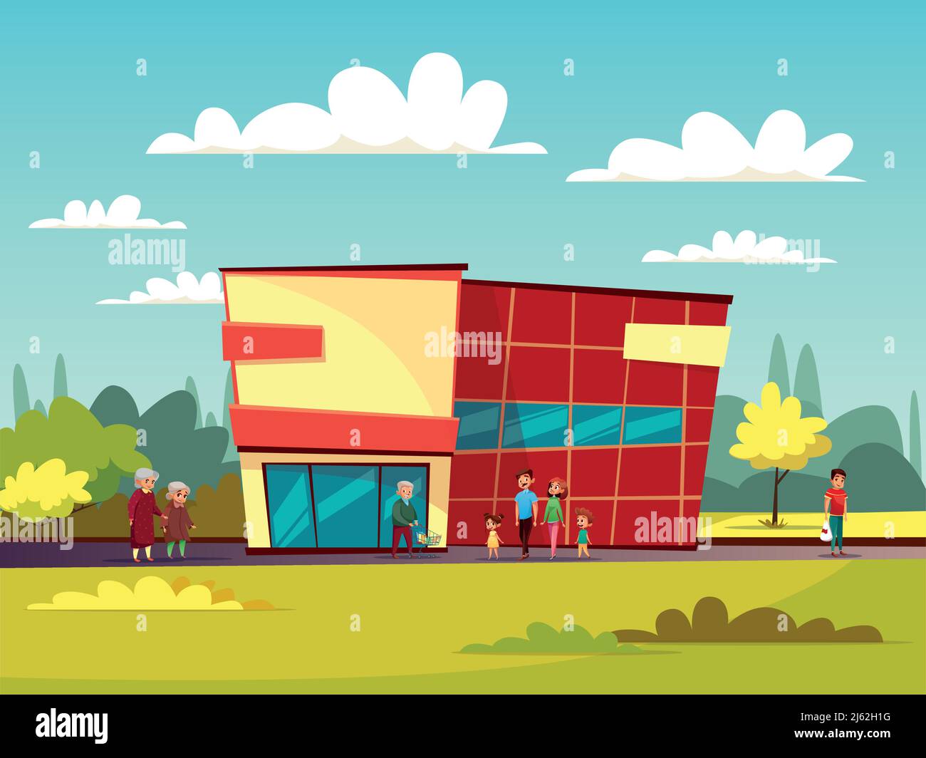 Supermarket building facade vector illustration of cartoon trade center ...