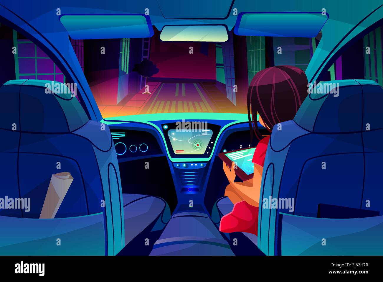 Girl control or manage smart autonomous car vector illustration. Woman ...