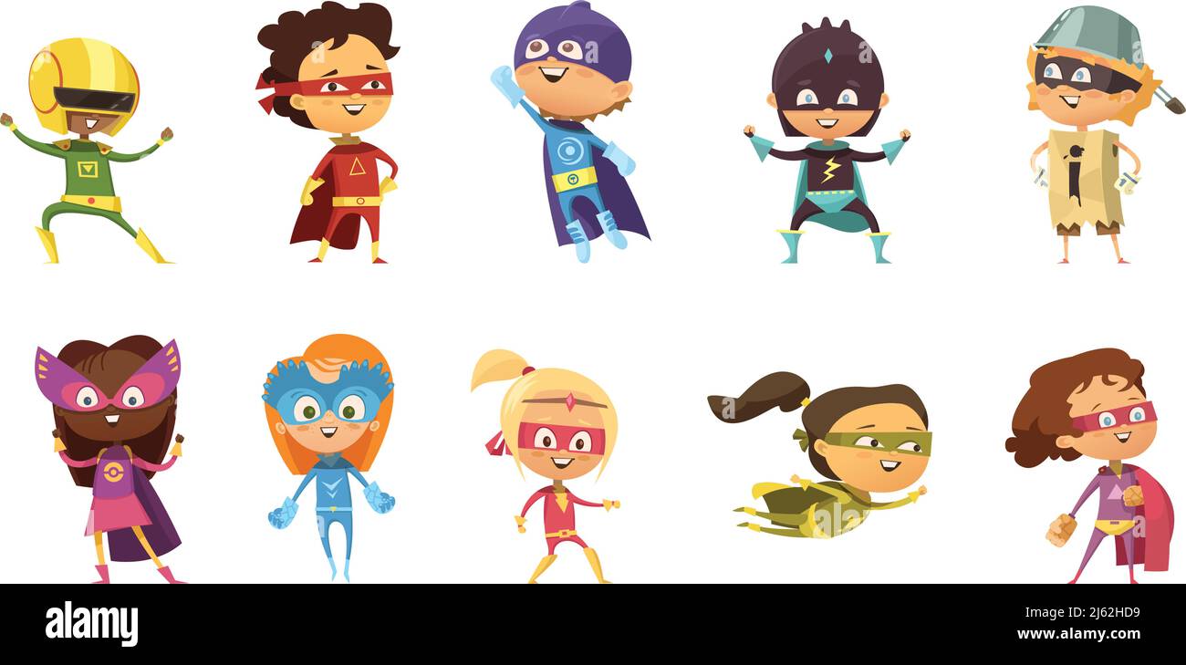 Kids wearing colorful costumes of different superheroes retro set ...