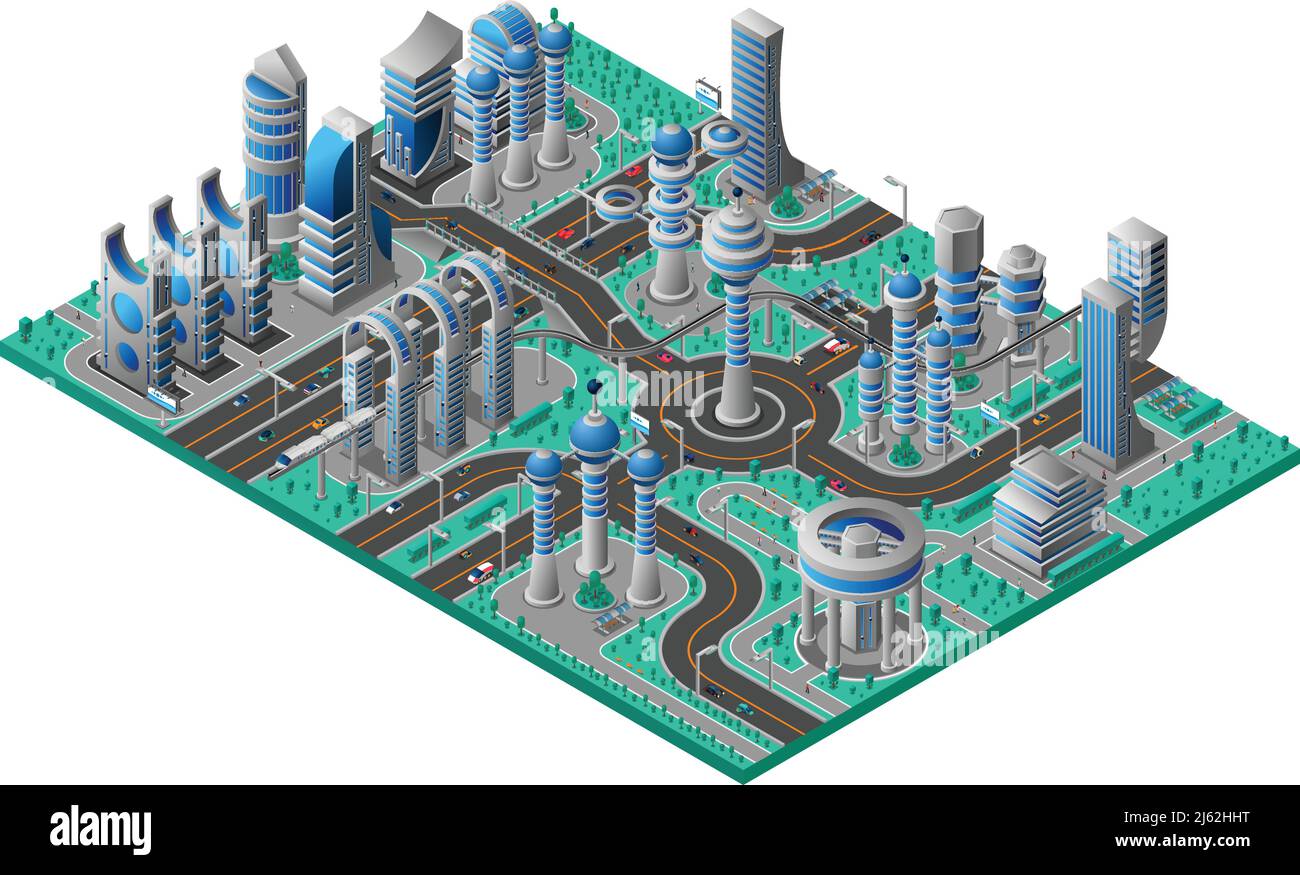 Future city isometric composition with futuristic buildings of ...