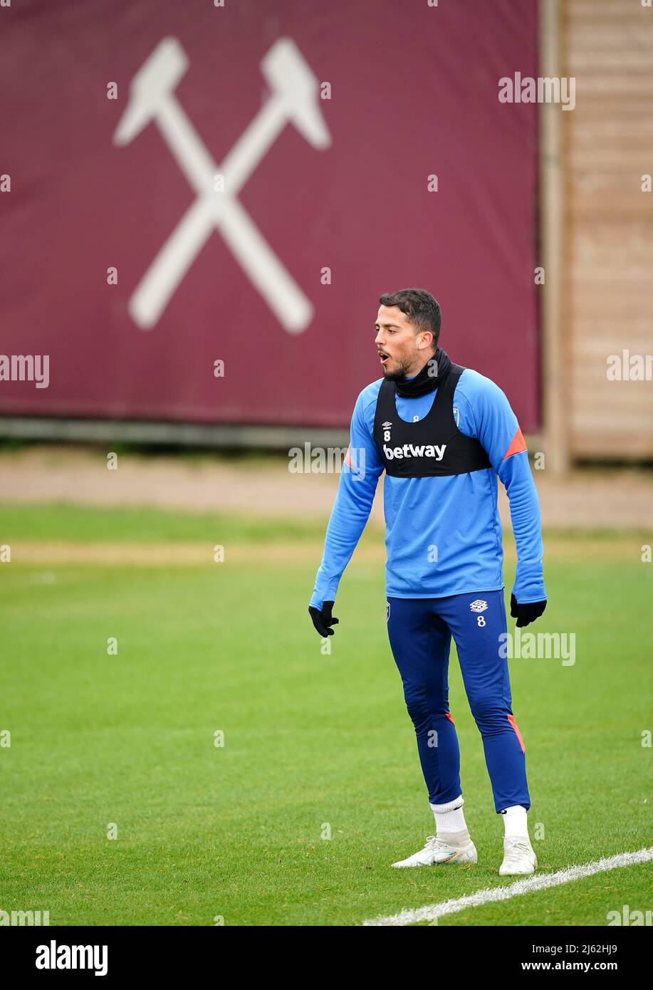 West Ham United's Pablo Fornals in front of a West Ham United crest ...