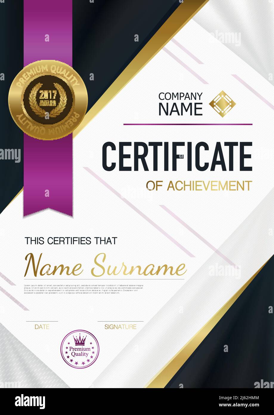 Modern certificate of achievement template with purple ribbon stamp ...