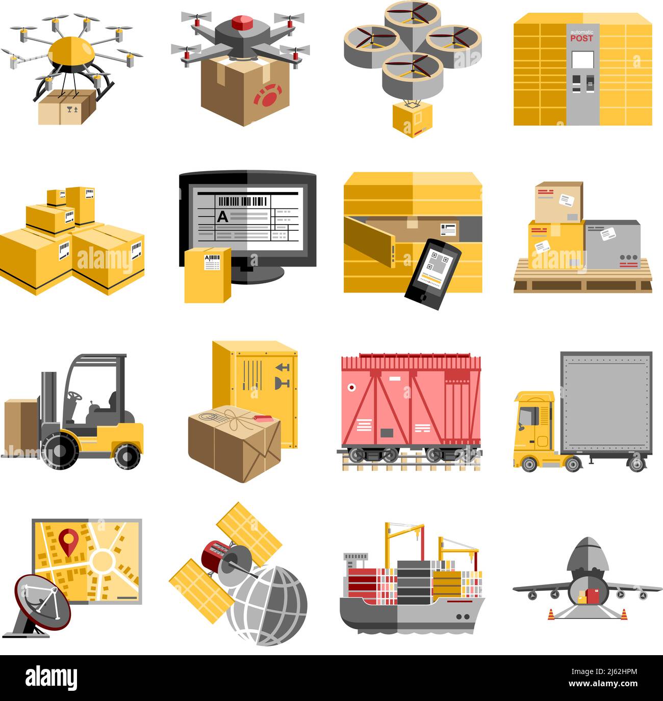 New logistics unmanned decentralized delivery systems flat pictograms ...