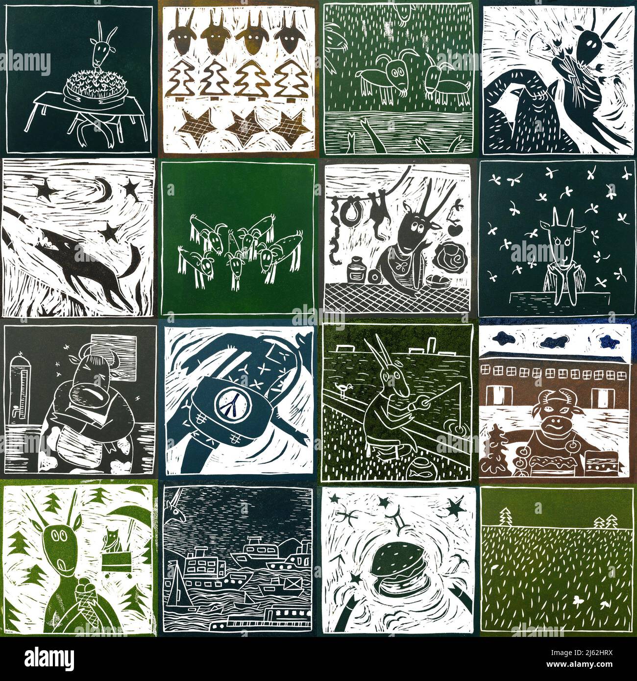 Checkered seamless pattern with animals. Set of hand drawn gazelle ...