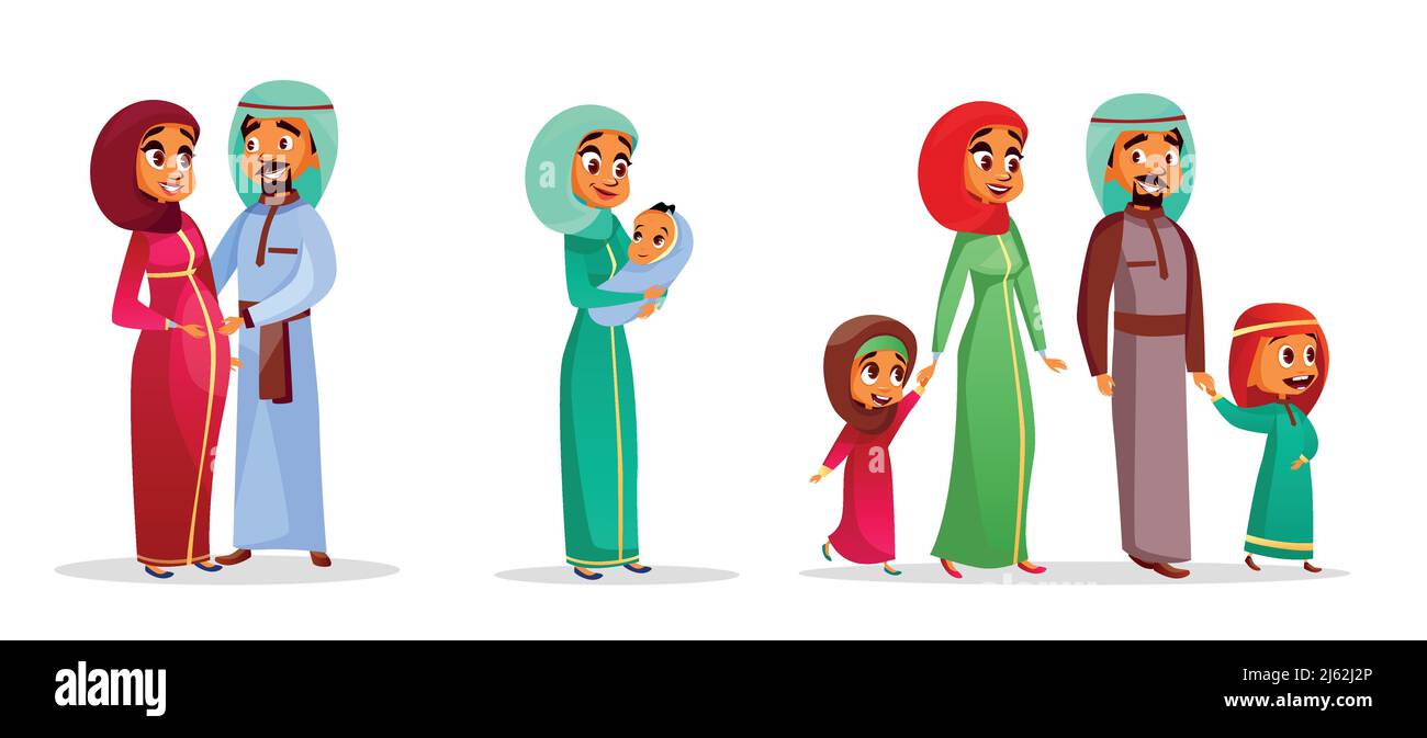 Vector cartoon arab family characters set. Happy saudi, emirates muslim ...