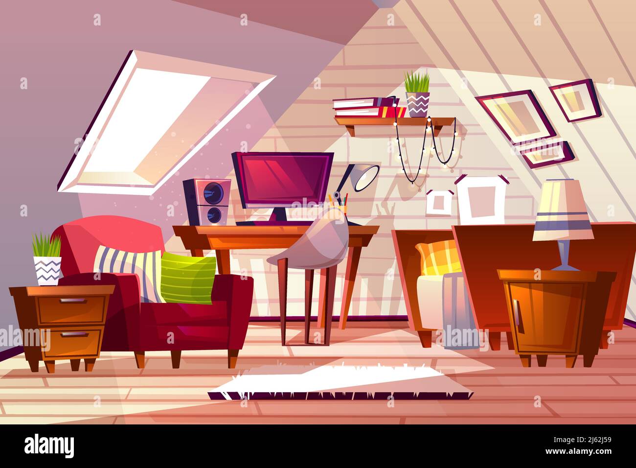 Attic room interior vector illustration. Cartoon garret design ...