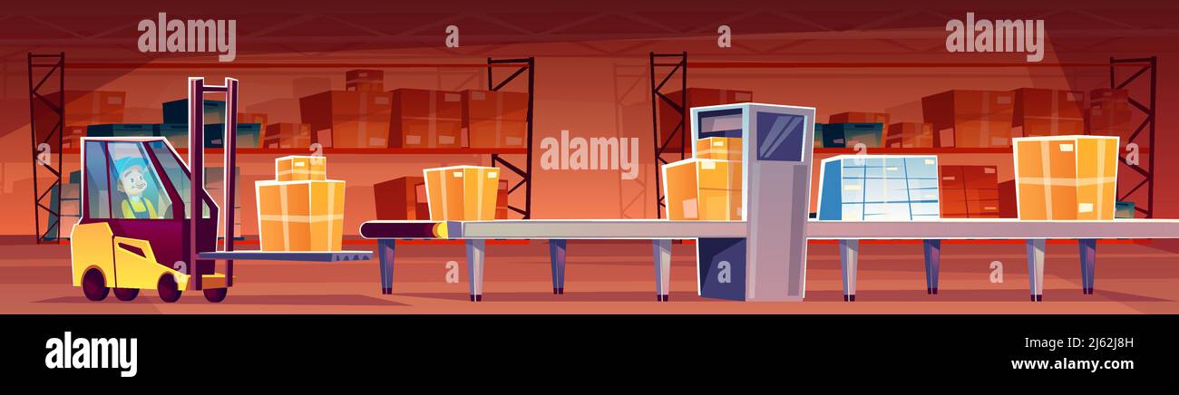 Warehouse worker in forklift loader put parcels on conveyor belt vector ...