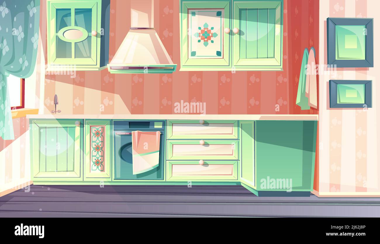 Kitchen interior in retro provence style vector illustration. Cartoon ...