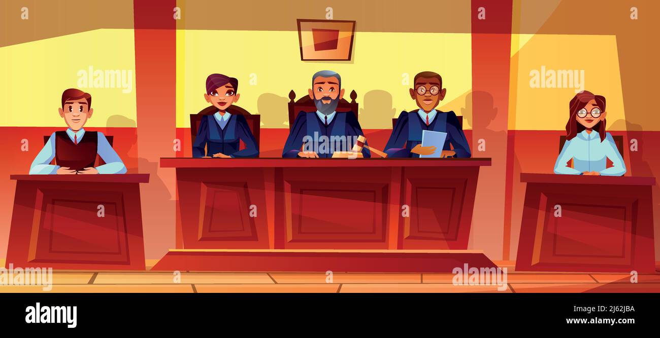 Judges at court hearing vector illustration of courtroom interior ...