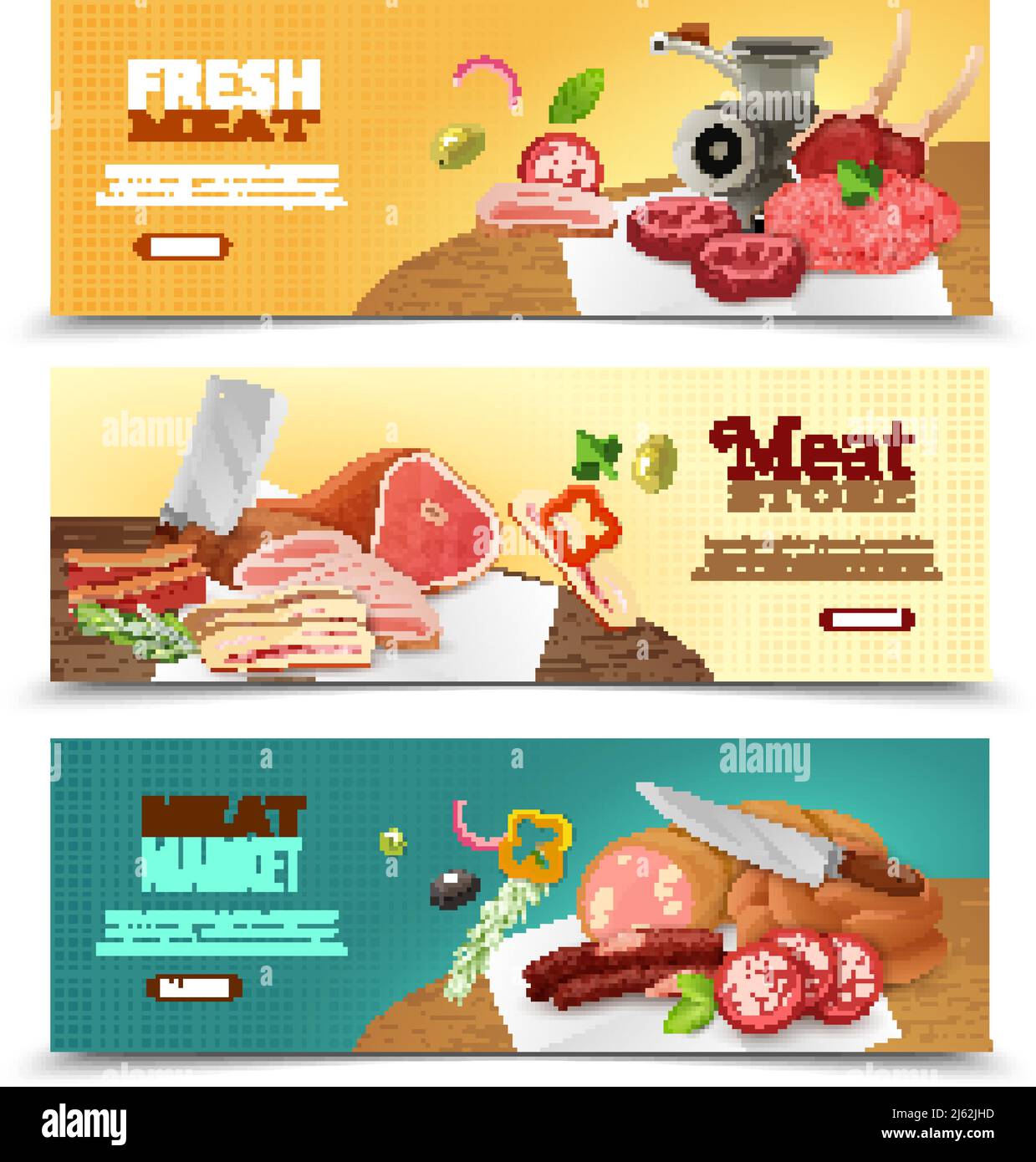 Meat market horizontal cartoon banners set with store symbols isolated ...