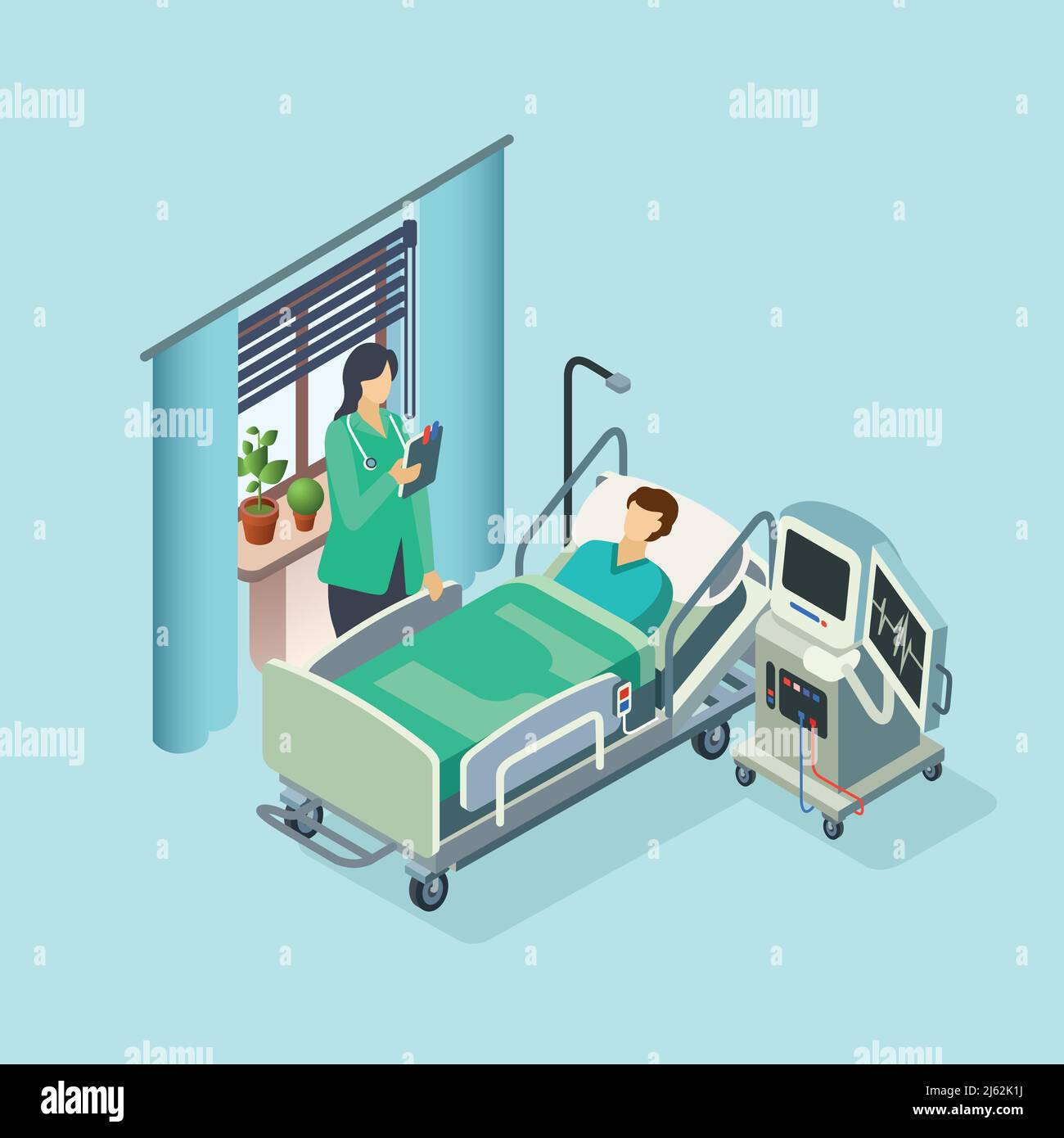 Vector isometric modern hospital room, ward with male patient in bed ...