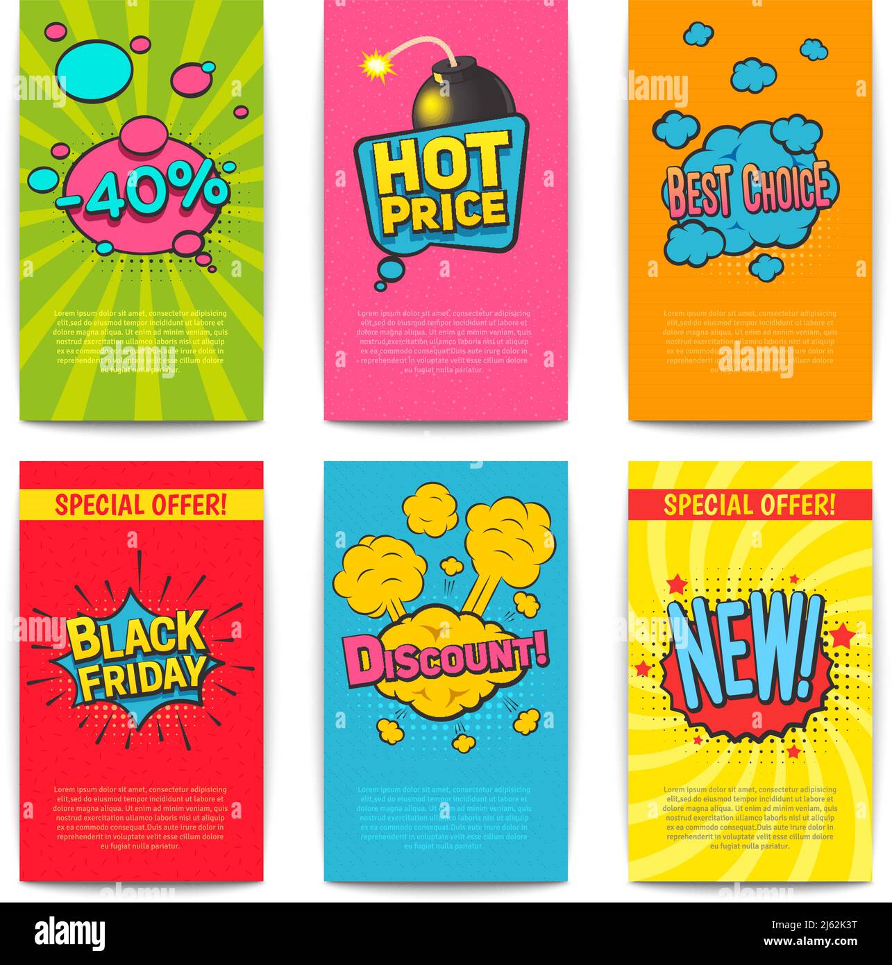 Sale comic posters set with discount symbols flat isolated vector ...