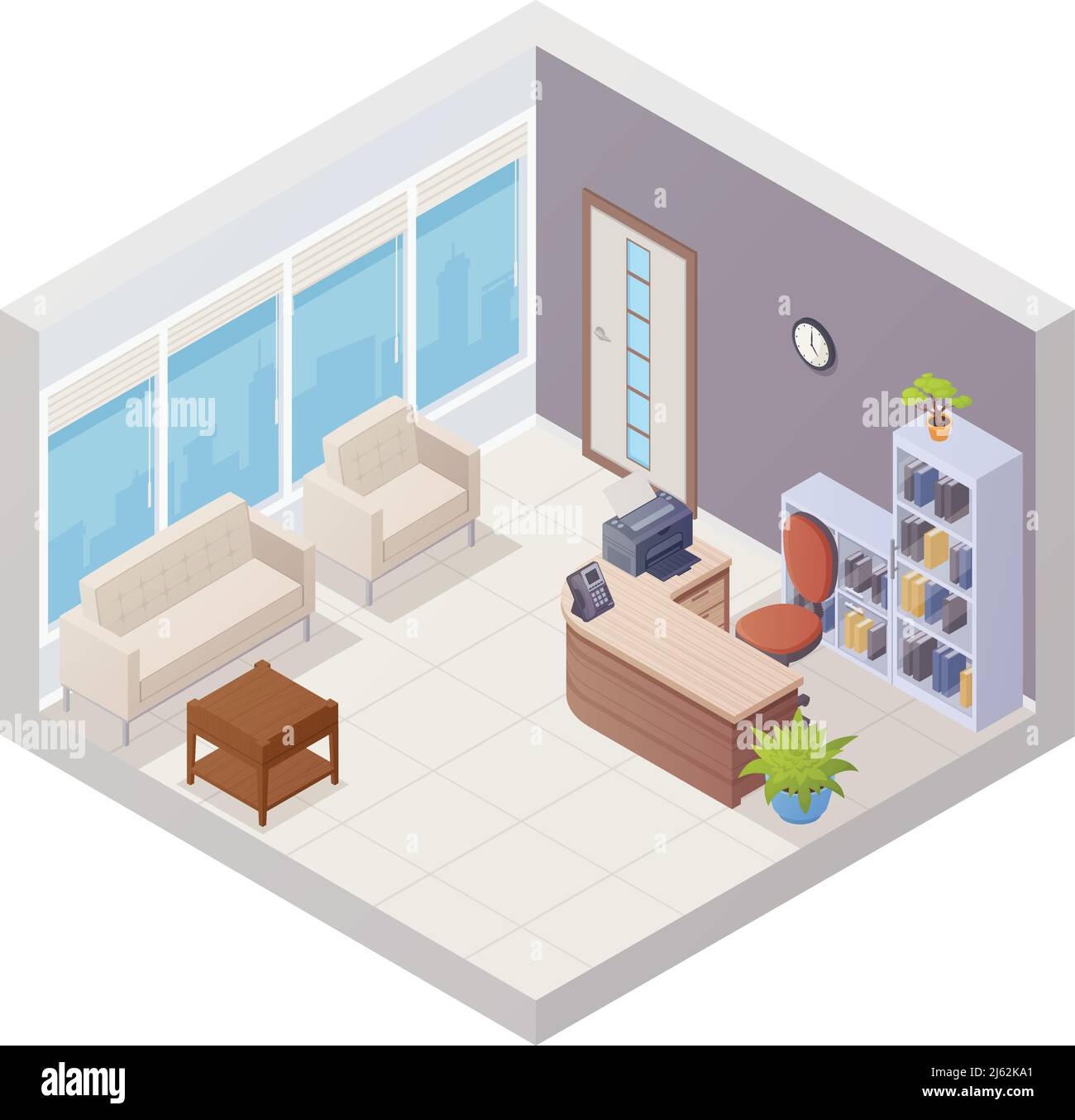 Isometric office reception interior with desk and chairs for visitors ...