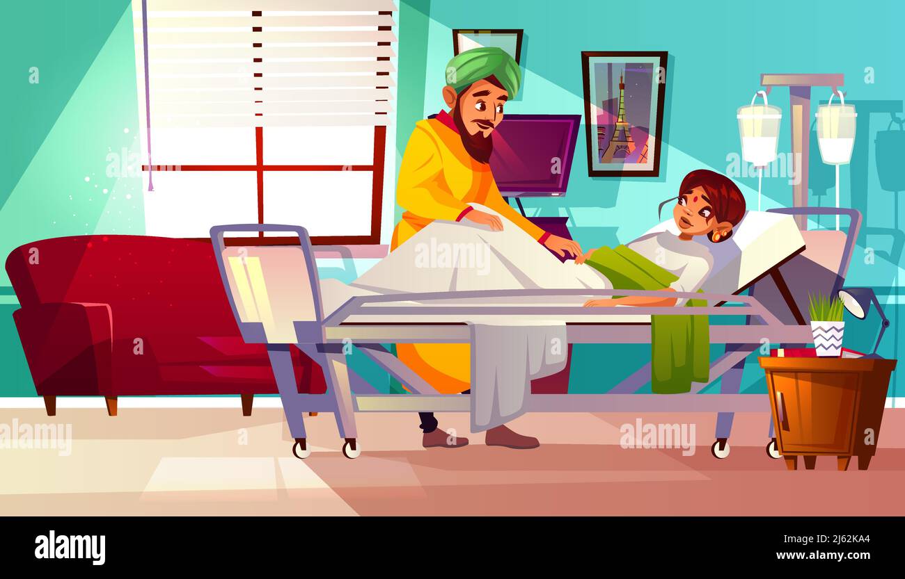 Hospital ward vector illustration of Indian woman patient lying on ...