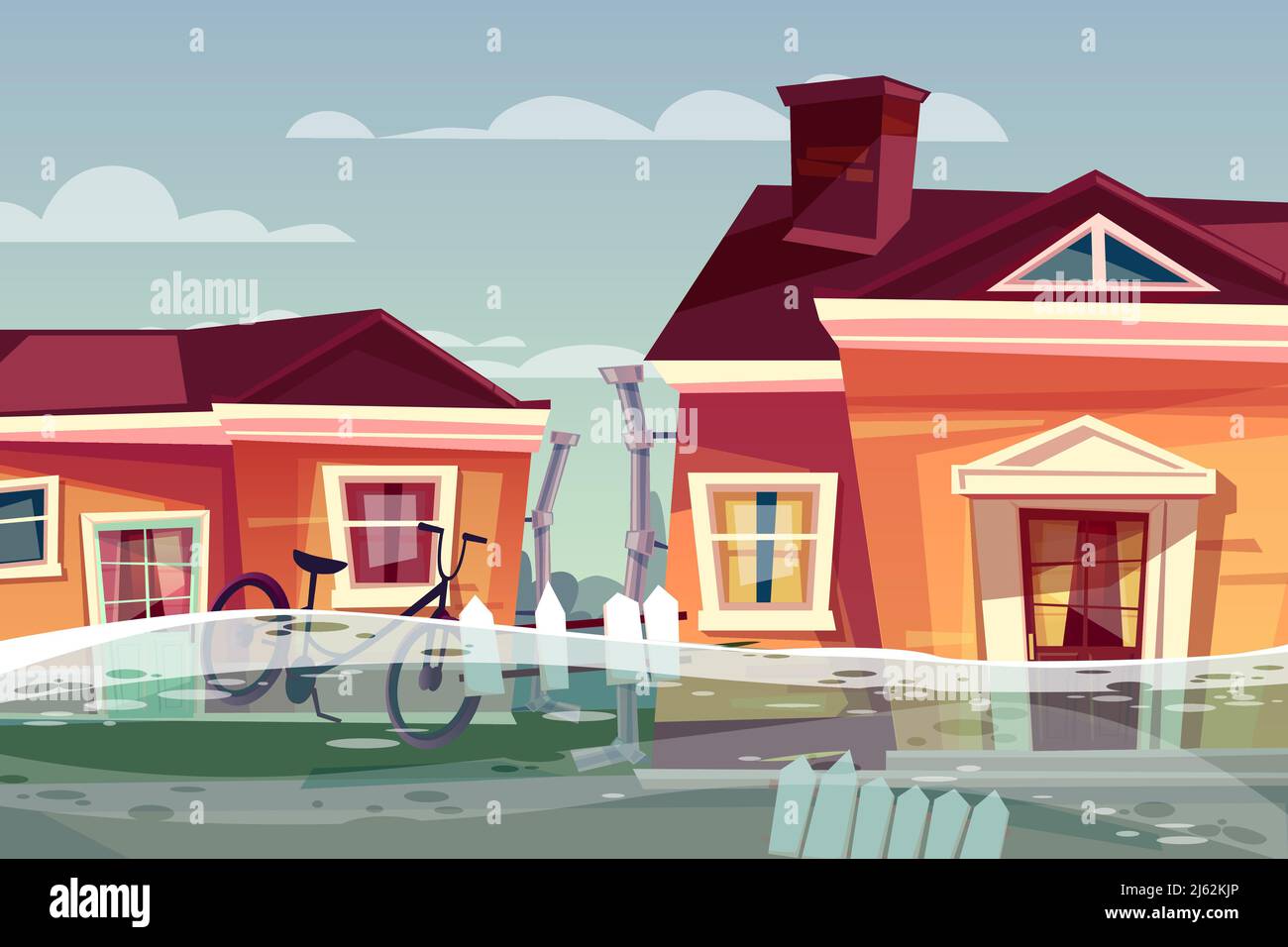 Houses in flood vector illustration of buildings under deluge water ...