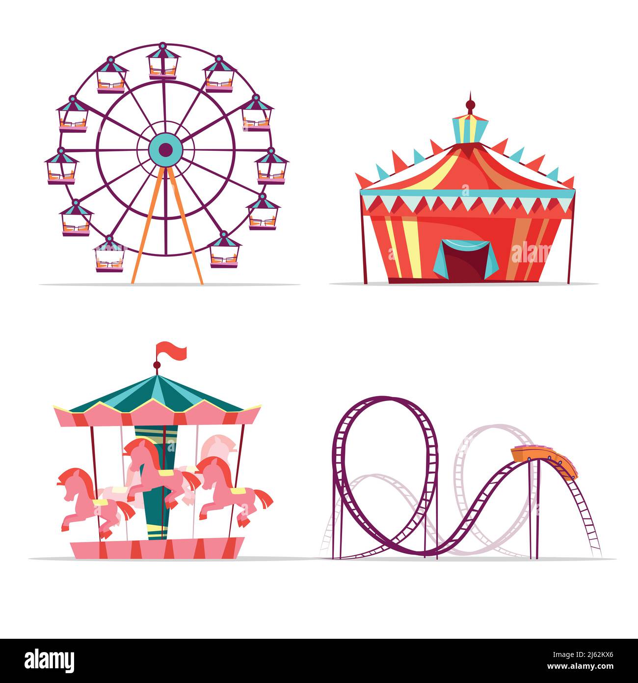Vector cartoon amusement park attractions set. Ferris wheel, merry go ...